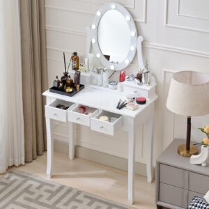 Makeup Vanity Table with Lighted Mirror, Dressing Table Compact Vanity Desk with 5 Large Drawers for Women Girls (White)