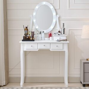 makeup vanity table with lighted mirror, dressing table compact vanity desk with 5 large drawers for women girls (white)