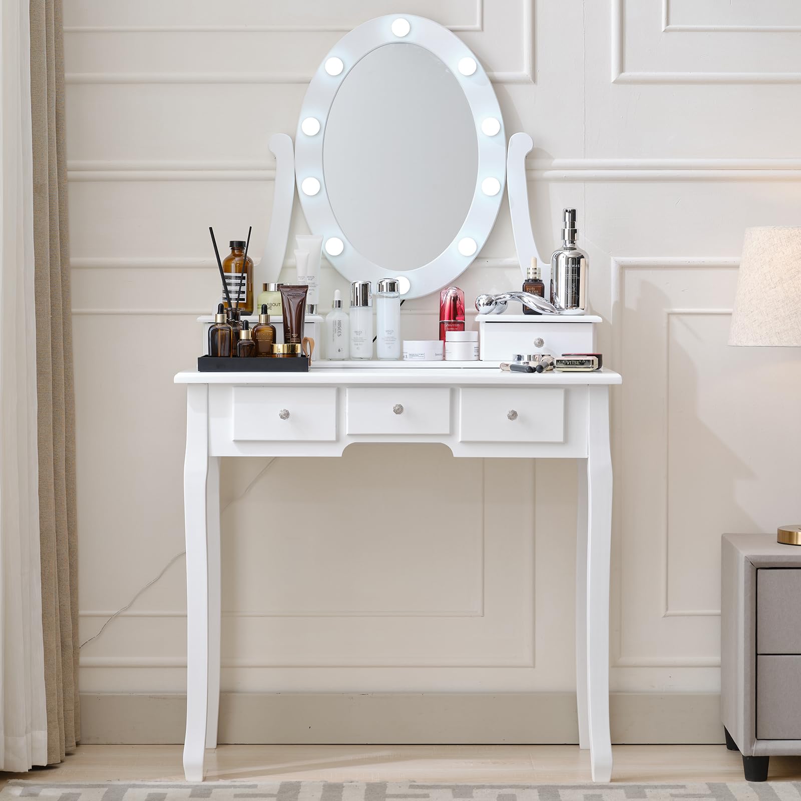 Makeup Vanity Table with Lighted Mirror, Dressing Table Compact Vanity Desk with 5 Large Drawers for Women Girls (White)