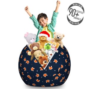 Ambesonne Fox Storage Toy Bag Chair, Orange Small Forest Animal Portraits Pattern on Abstract Dotted Blue Backdrop, Stuffed Animal Organizer Washable Bag, Large Size, Navy Blue Orange