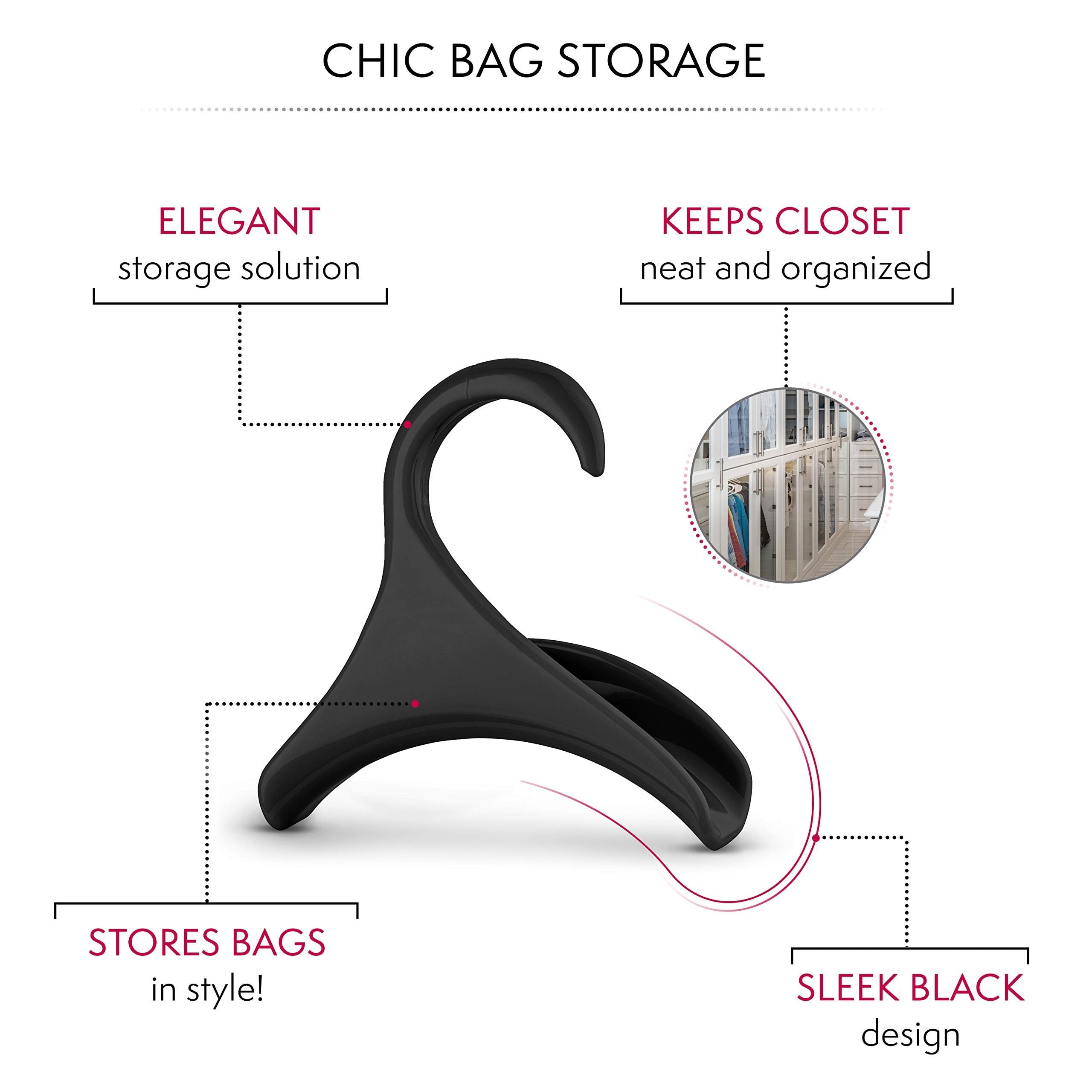 Bag-a-Vie Purse Hanger for Closet - Handbag Organizer Hooks for Hanging Bags & Purses, Protecting Bag Shape & Organizing Space (3 Hangers, Black Plastic)