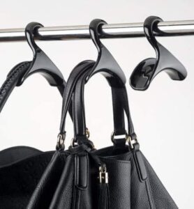 bag-a-vie purse hanger for closet - handbag organizer hooks for hanging bags & purses, protecting bag shape & organizing space (3 hangers, black plastic)