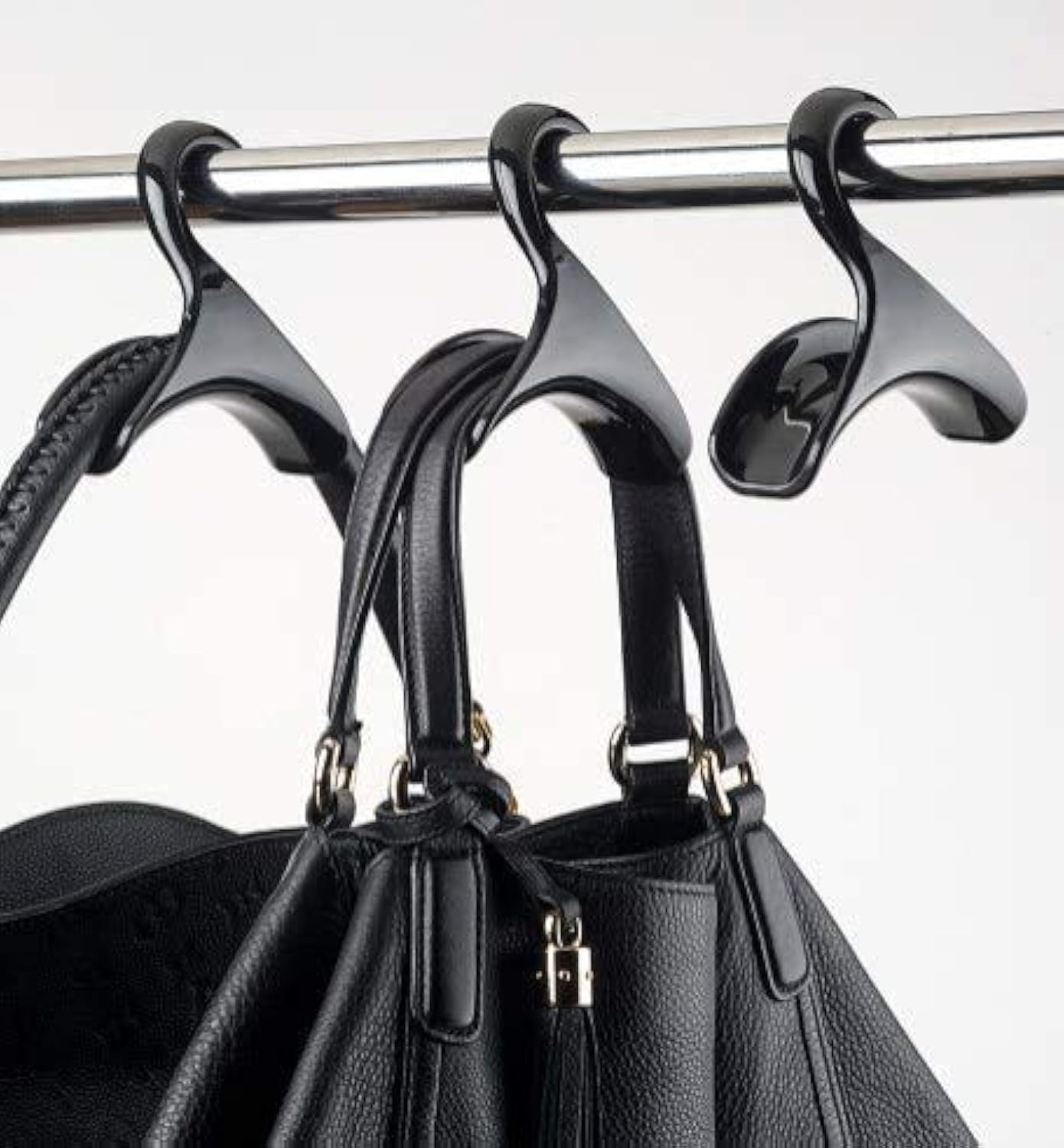 Bag-a-Vie Purse Hanger for Closet - Handbag Organizer Hooks for Hanging Bags & Purses, Protecting Bag Shape & Organizing Space (3 Hangers, Black Plastic)