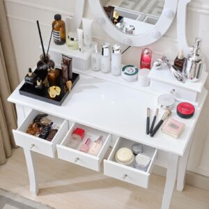 Makeup Vanity Table with Lighted Mirror, Dressing Table Compact Vanity Desk with 5 Large Drawers for Women Girls (White)