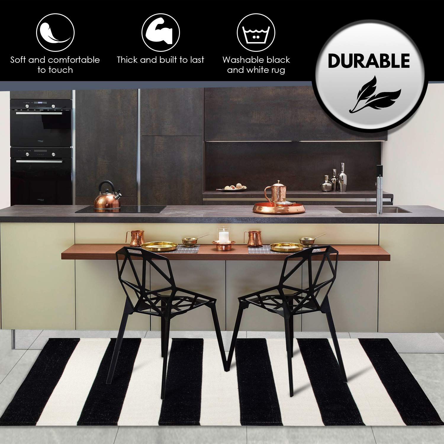 NANTA Black and White Striped Rug 27.5 x 43 Inches Cotton Woven Washable Outdoor Rugs for Farmhouse Layered Door Mats Stripe Carpet