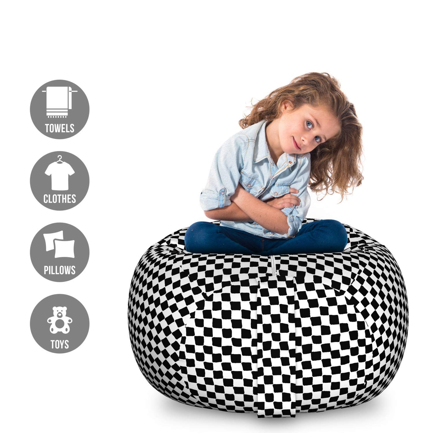 Ambesonne Mudcloth Storage Toy Bag Chair, Geometric Contemporary Style Checkered Abstract Squares Pattern Urban Design, Stuffed Animal Organizer Washable Bag, Large Size, Black White