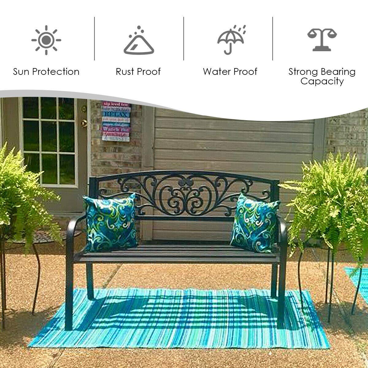 500 Lb Heavy Duty & Durable 2-3 People Comfortable Seat Patio Garden Bench Park Yard Outdoor Furniture Solid Anti-Rust Steel Frame Porch Chair Seat for Garden, Park, Deck, Porch, Backyard or Pools