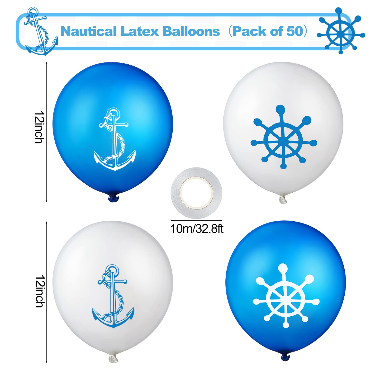 Gejoy 50 Pieces Nautical Print Latex Balloons Set Nautical Party Decorations Nautical Balloons and Silver Ribbons for Navigation Themed Birthday Baby Shower Nautical Party Favor Supplies