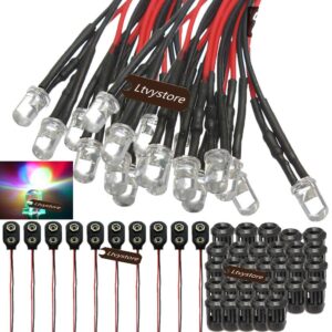 ltvystore 70pcs 3mm 12v 7colors fast fash led pre wired prewired 7.87" lamp light bulb prewired emitting diode & black 3mm led clip holder panel mount & 9v battery holder clip snap on connector cable