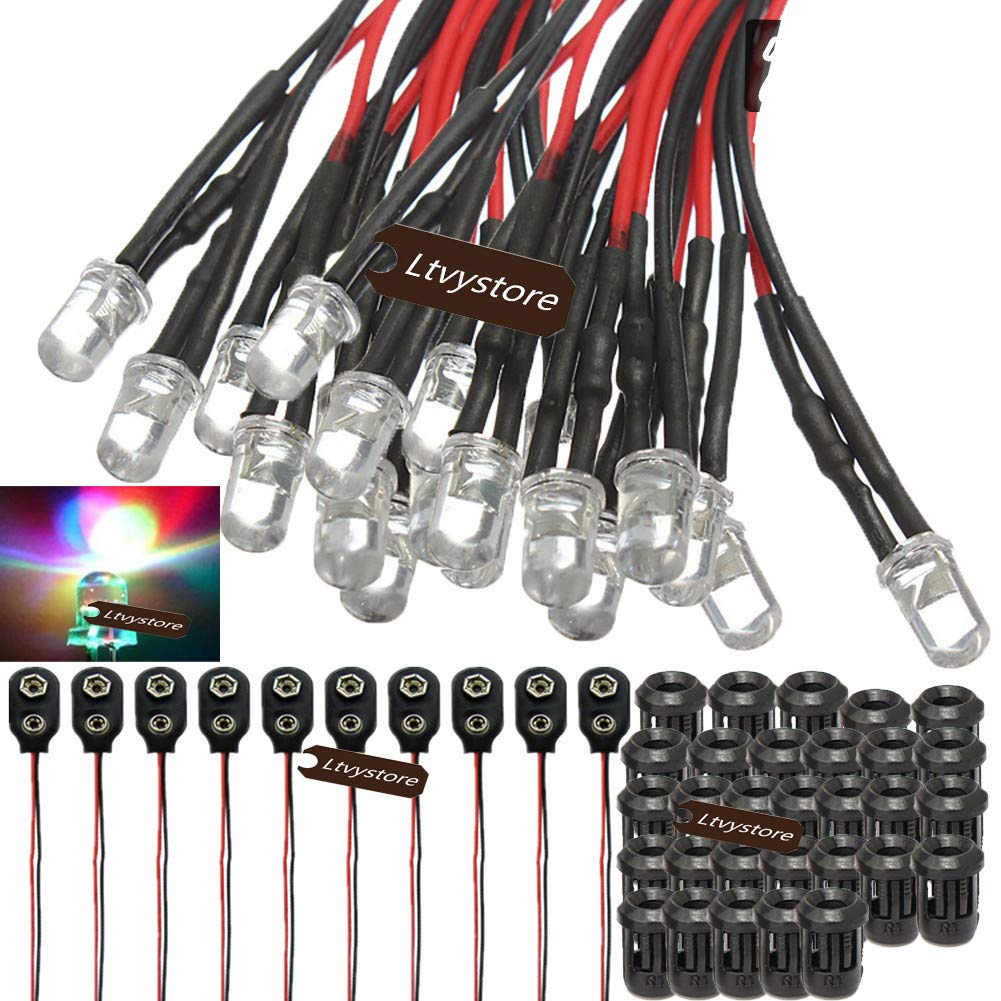 Ltvystore 70Pcs 3MM 12V 7Colors Fast Fash LED Pre Wired Prewired 7.87" Lamp Light Bulb Prewired Emitting Diode & Black 3mm LED Clip Holder Panel Mount & 9V Battery Holder Clip Snap On Connector Cable