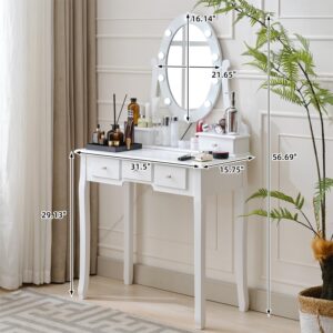 Makeup Vanity Table with Lighted Mirror, Dressing Table Compact Vanity Desk with 5 Large Drawers for Women Girls (White)