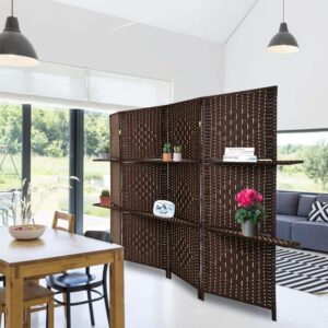 Room Divider Folding Portable Privacy Wooden Screen 4 Panel Partition Wall Indoor/Outdoor Folding Screen w/Dual-Sided Hinges & 2 Removable Display Shelves for Home Office, Brown