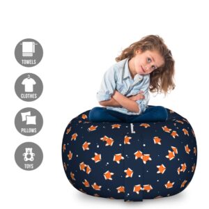 Ambesonne Fox Storage Toy Bag Chair, Orange Small Forest Animal Portraits Pattern on Abstract Dotted Blue Backdrop, Stuffed Animal Organizer Washable Bag, Large Size, Navy Blue Orange