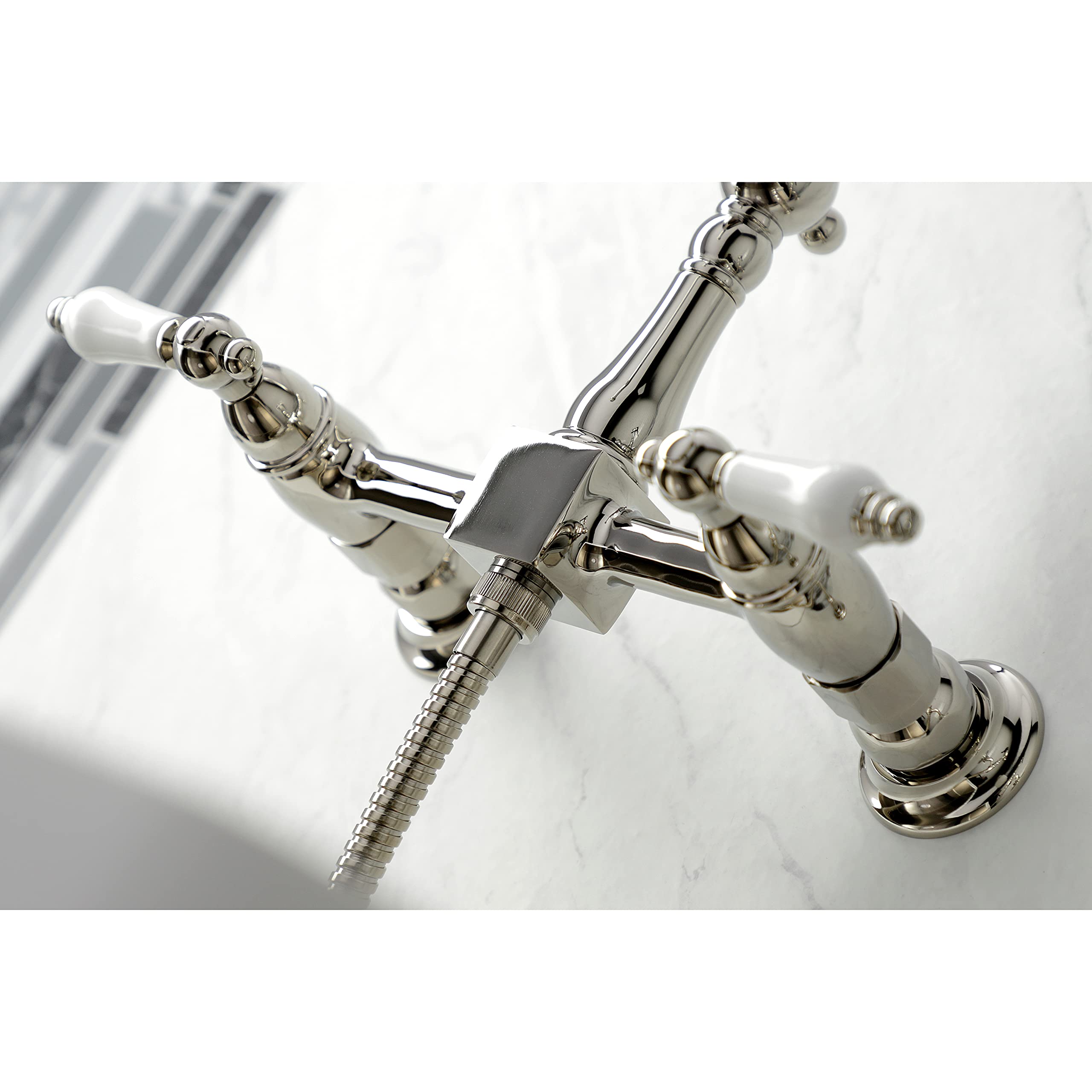 Kingston Brass KS1266PLBS Heritage Wall Mount Bridge Kitchen Faucet with Brass Sprayer, Polished Nickel