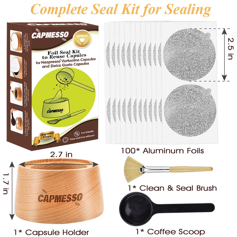 CAPMESSO Aluminum Foil Seals Kit to Reuse Nespresso Vertuo Reusable Pods, Refillable Vertuoline Capsules (Complete Seal Kit+100pcs Lids)