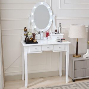 Makeup Vanity Table with Lighted Mirror, Dressing Table Compact Vanity Desk with 5 Large Drawers for Women Girls (White)