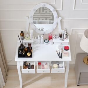 Makeup Vanity Table with Lighted Mirror, Dressing Table Compact Vanity Desk with 5 Large Drawers for Women Girls (White)