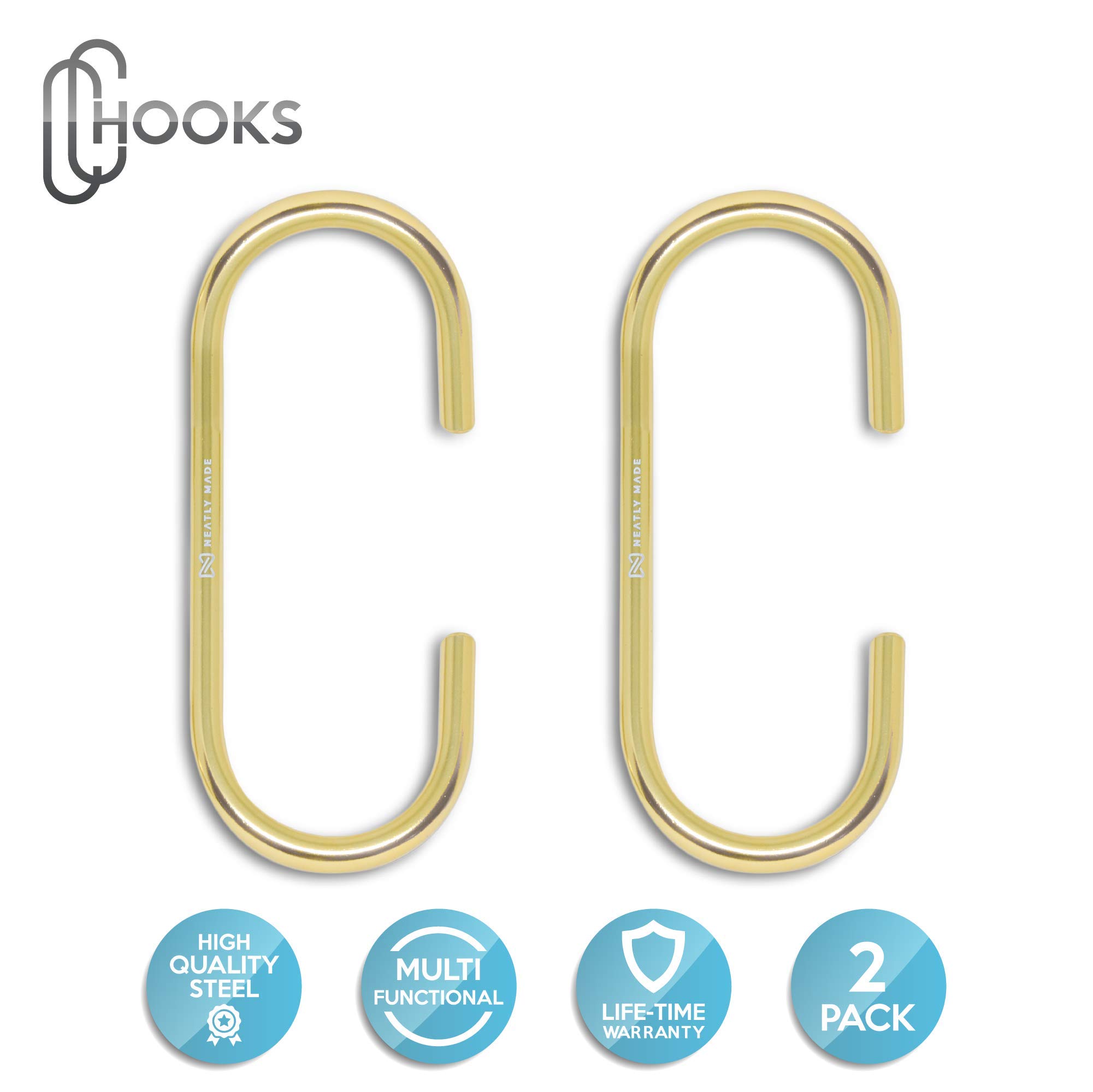 Neatly Made C Hooks for Hanging Clothes, Accessories and Outdoor Use - Ideal Closet Organizer Hooks to Transform Wardrobe, Set of 2 Champagne Gold Hooks