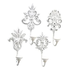 whw whole house worlds chateaux fleur de lis wall hooks, set of 4, shabby distressed finish, french country style,rustic white, cast iron, vintage inspired, porcelain caps, each 6 3/4