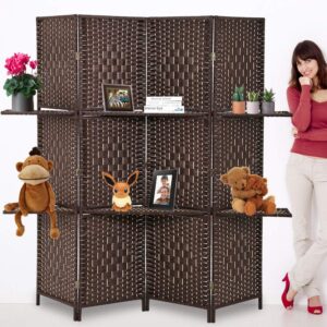 room divider folding portable privacy wooden screen 4 panel partition wall indoor/outdoor folding screen w/dual-sided hinges & 2 removable display shelves for home office, brown