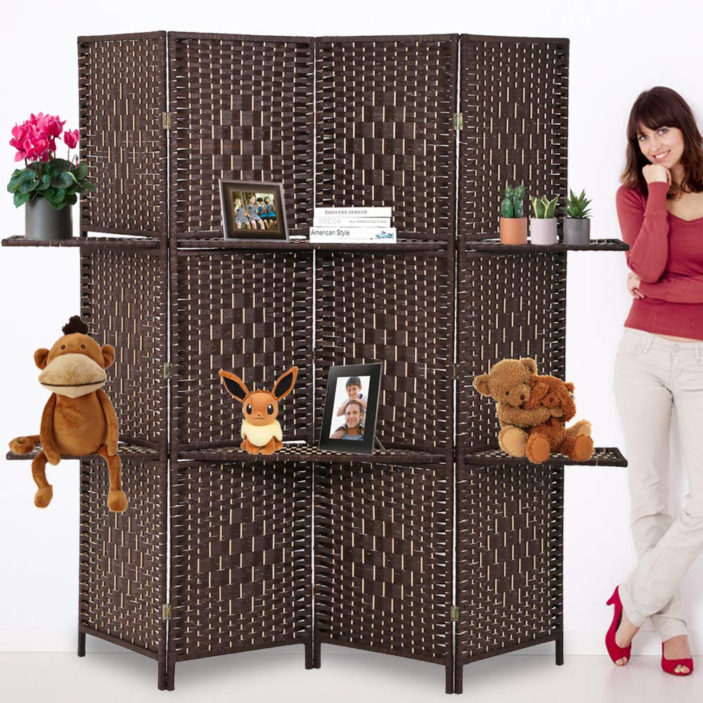 Room Divider Folding Portable Privacy Wooden Screen 4 Panel Partition Wall Indoor/Outdoor Folding Screen w/Dual-Sided Hinges & 2 Removable Display Shelves for Home Office, Brown