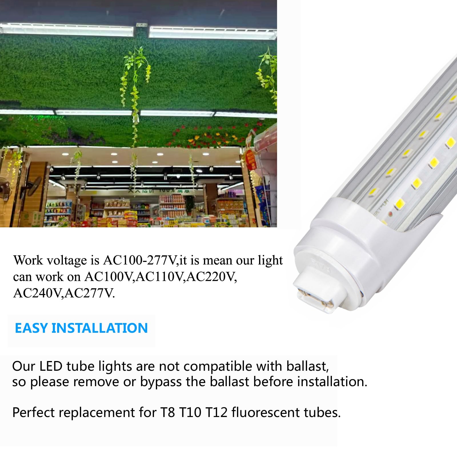 GOCuces 36W T8 LED Tube Lights 4 Foot Equal to 45.8in,60W F48T12 R17d HO Fluorescent Bulbs Replacement T12,White 6500K,Ballast Bypass,Dual-Ended Connection,V Shape for Shop,Sign,Basement,Pack of 10