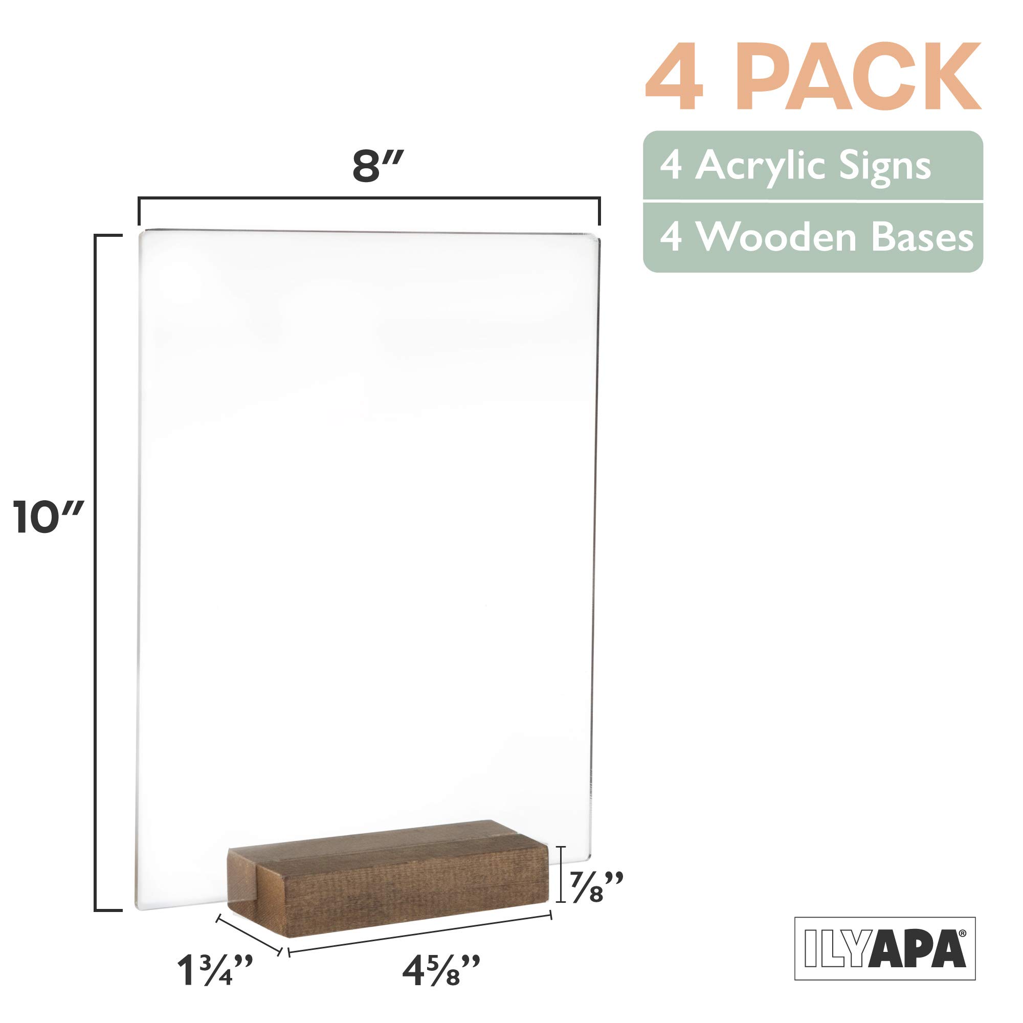 Ilyapa Acrylic Sign with Wood Base, Brown Wood Finish, 4 Pack Acrylic Sheets for Wedding Sign, Large, 8x10 Inch, Wedding Table Sign Holders, Blank Acrylic Signs with Wood Stand