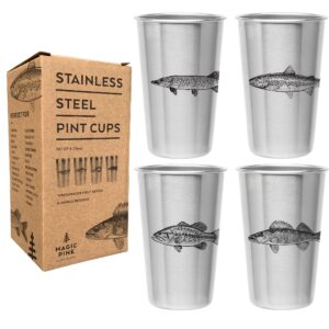 Freshwater Fish (Set of 4) Stainless Steel Pint Cups - Unique Gift for Guys - Tumblers for Home, Travel, Camping, Camper, Office, A Birthday Gift For Men - Durable Glasses or Mugs