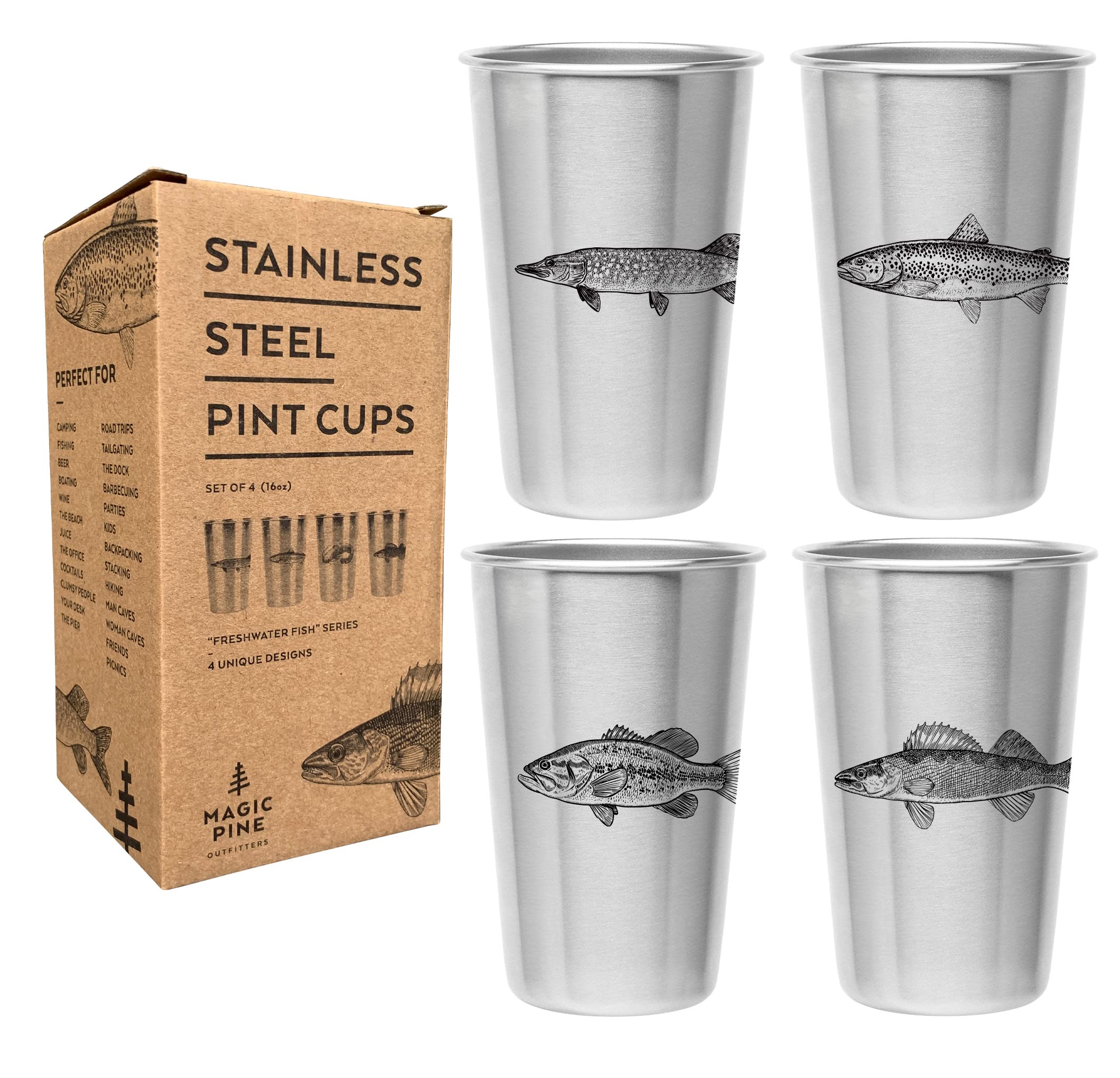 Freshwater Fish (Set of 4) Stainless Steel Pint Cups - Unique Gift for Guys - Tumblers for Home, Travel, Camping, Camper, Office, A Birthday Gift For Men - Durable Glasses or Mugs