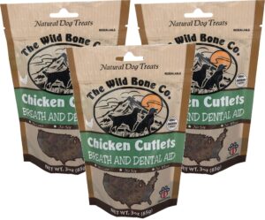 wild bone company 3 pack of chicken cutlets breath and dental aid dog treats, 3 ounces each, made in the usa