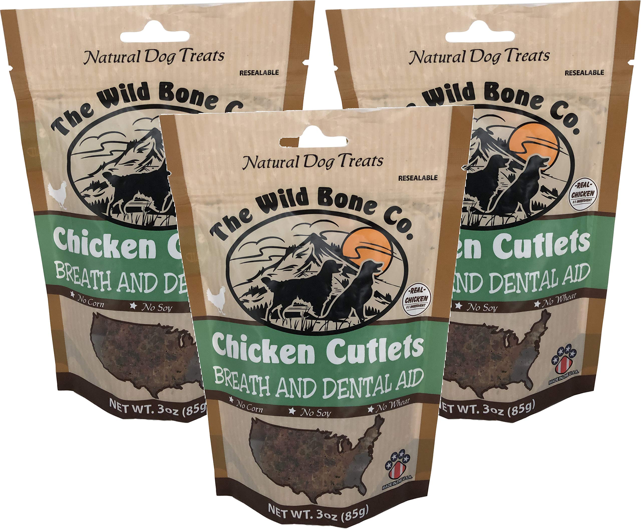 Wild Bone Company 3 Pack of Chicken Cutlets Breath and Dental Aid Dog Treats, 3 Ounces Each, Made in The USA