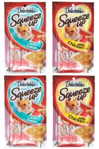 delectables hartz squeeze up cat treats variety 4 pouch bundle of 2 flavors; 2 pouches of each flavor (2.0 oz each) (chicken, tuna)