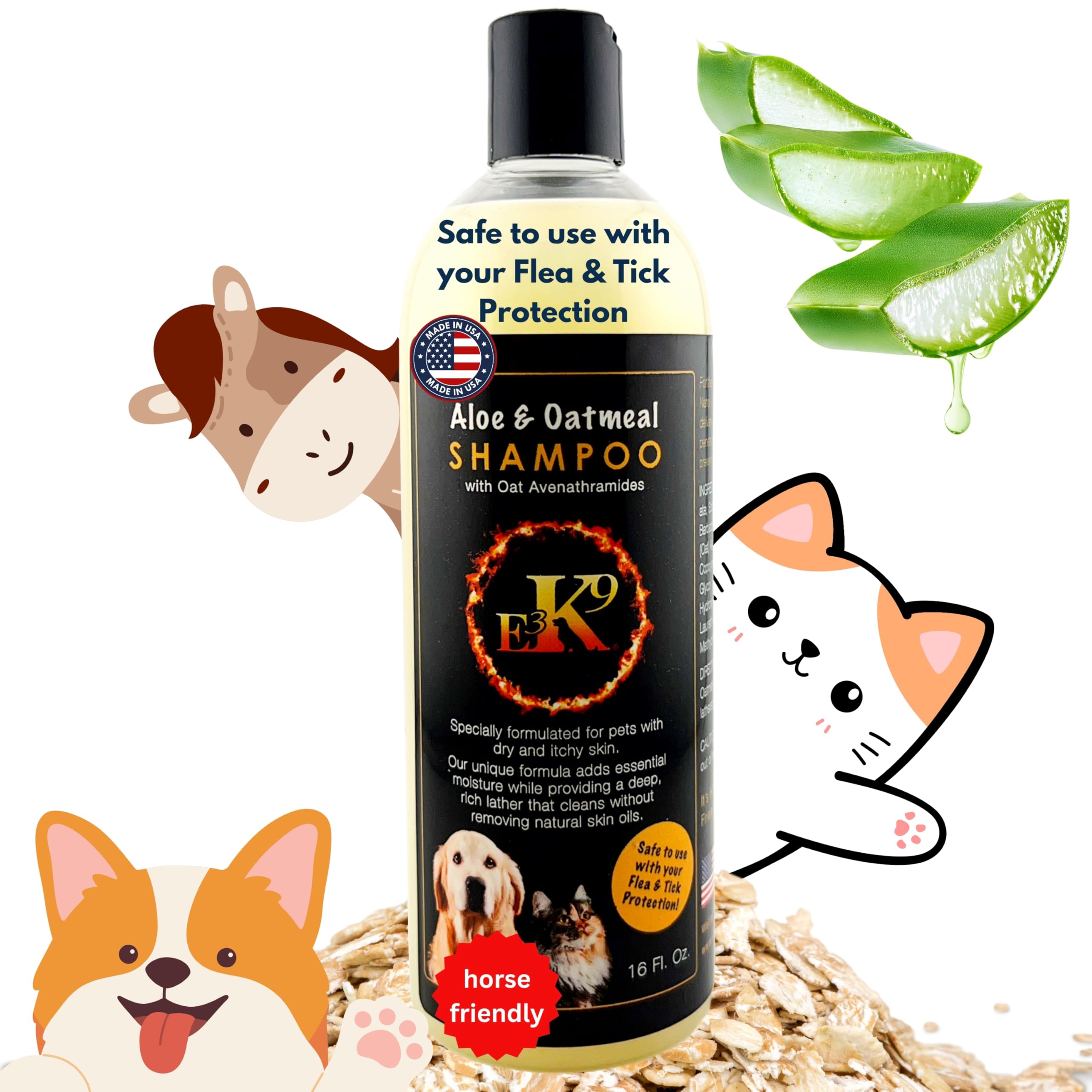 E3 Aloe and Oatmeal Shampoo for Cats & Dogs - for Allergies, Itching, Dog Skin and Coat Supplement, Helps Shedding, Hot Spots, Deodorizing Dog Shampoo - 16oz