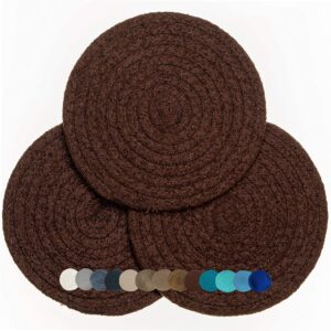 trivets for hot pots and pans - kitchen discovery 8" chenille trivets - set of 3 large woven pot pads for serving hot or cold dishes and protecting your table, countertop or island, brown