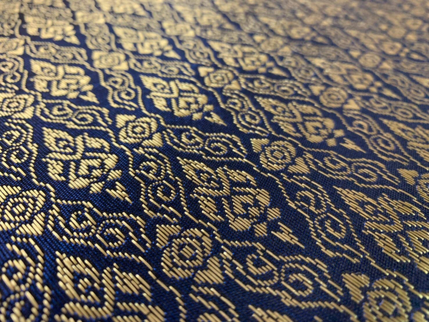 Amornphan 44 Inches Blue and Gold Traditional Thai Silk Damask Fabric for Wedding Dress Skirt by The Yard