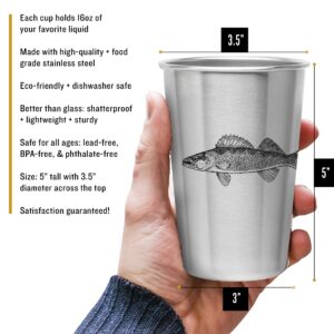 Freshwater Fish (Set of 4) Stainless Steel Pint Cups - Unique Gift for Guys - Tumblers for Home, Travel, Camping, Camper, Office, A Birthday Gift For Men - Durable Glasses or Mugs