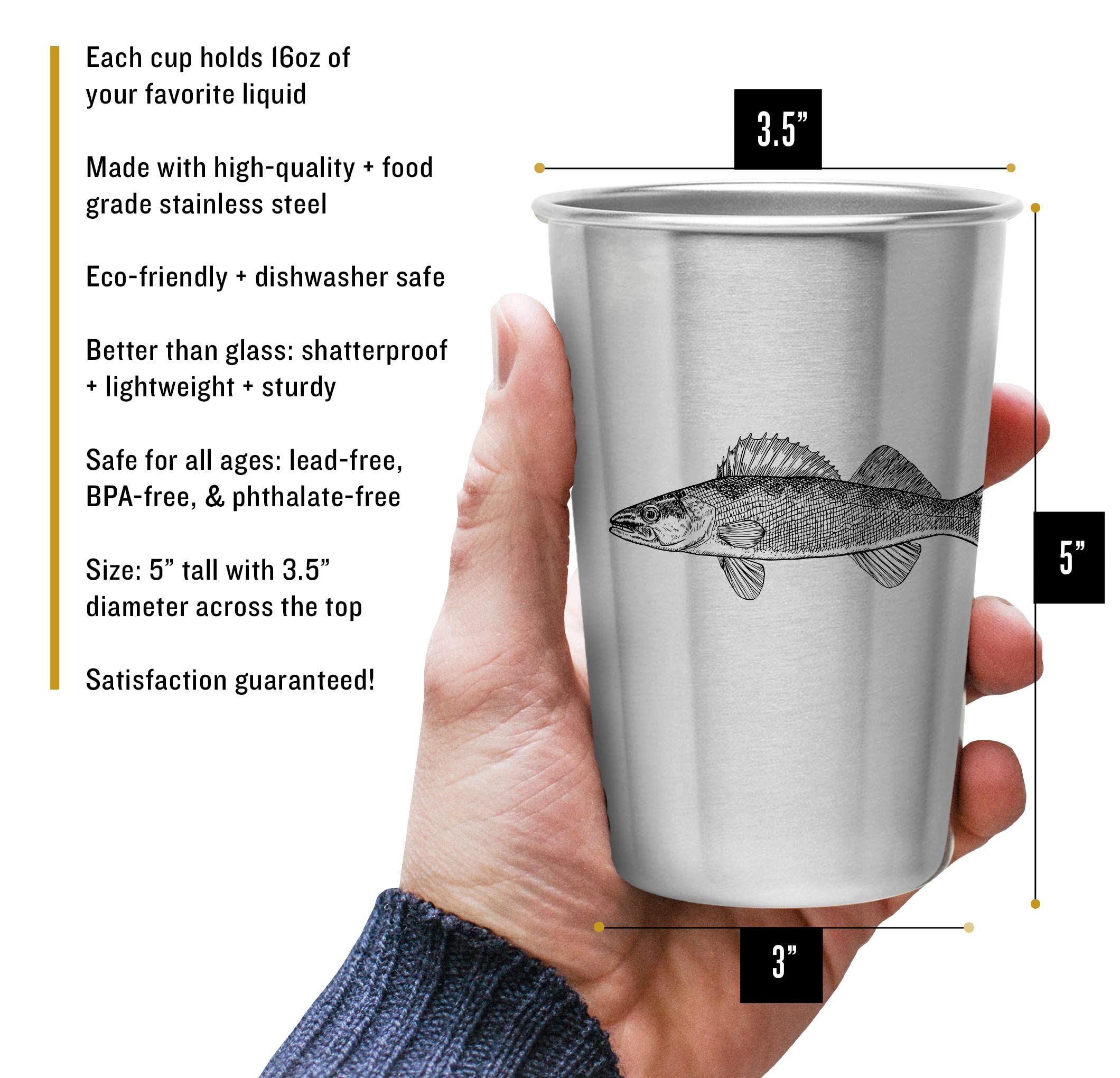 Freshwater Fish (Set of 4) Stainless Steel Pint Cups - Unique Gift for Guys - Tumblers for Home, Travel, Camping, Camper, Office, A Birthday Gift For Men - Durable Glasses or Mugs