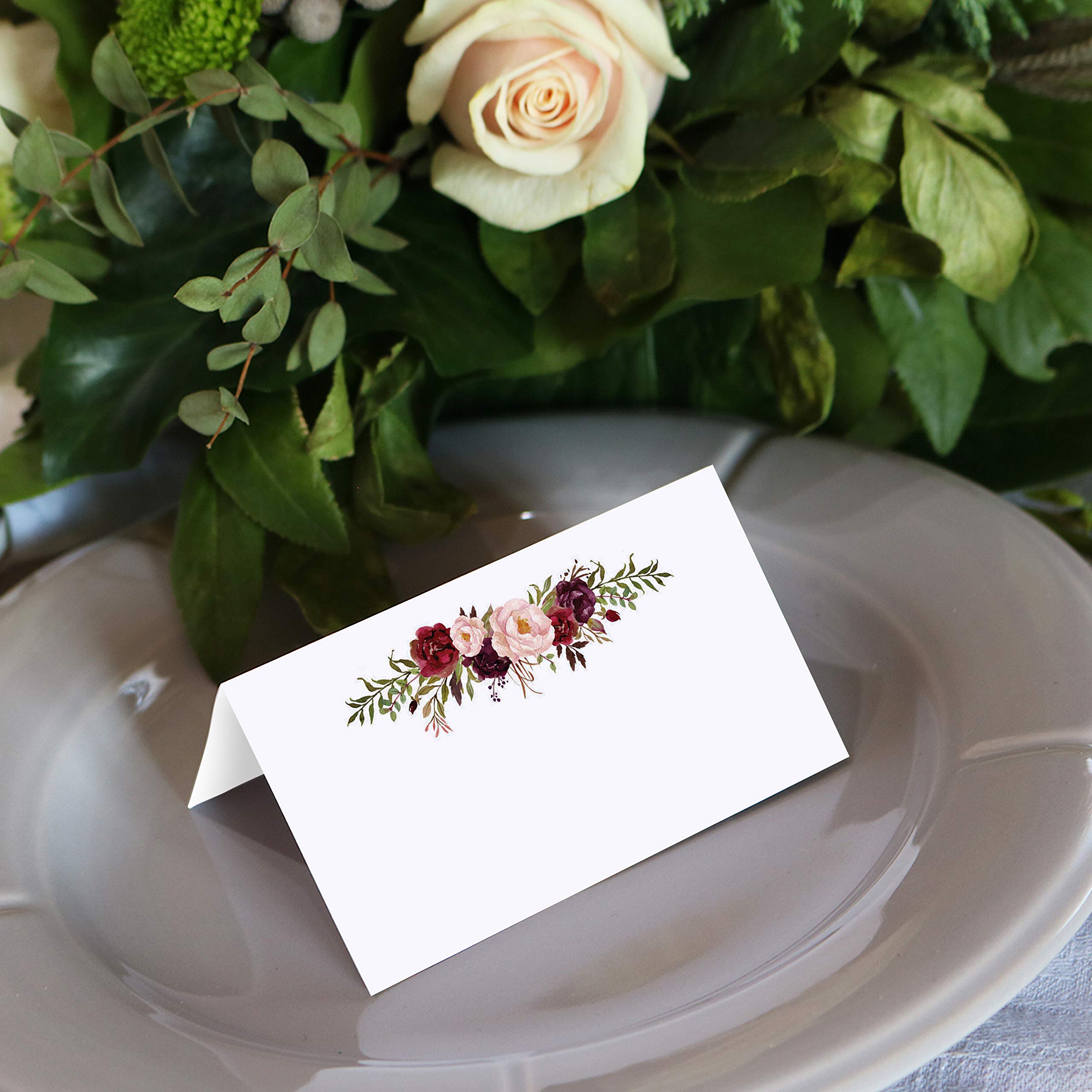 321Done Floral Place Cards 3.5x2, Made in USA - Blank for Name Food Table Setting Dinner Party Seating Wedding Reception Buffet Tent Style Rustic Red Roses on White - Set of 50