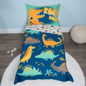 baby boom funhouse dinosaur roarsome 4 piece toddler bedding set – includes comforter, sheet set– fitted + top sheet + reversible pillowcase for boys bed, blue