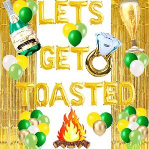 camp bachelorette party decorations gold let's get toasted balloons happy camper/weekend in the woods/lake hiking/mountain/camping themed engagement bridal shower party supplies decorations