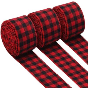 3 rolls buffalo plaid burlap wired ribbon weave ribbon with wired edge bows craft decoration for big bow wreath tree decoration outdoor (black and red plaid,2.4 inches)