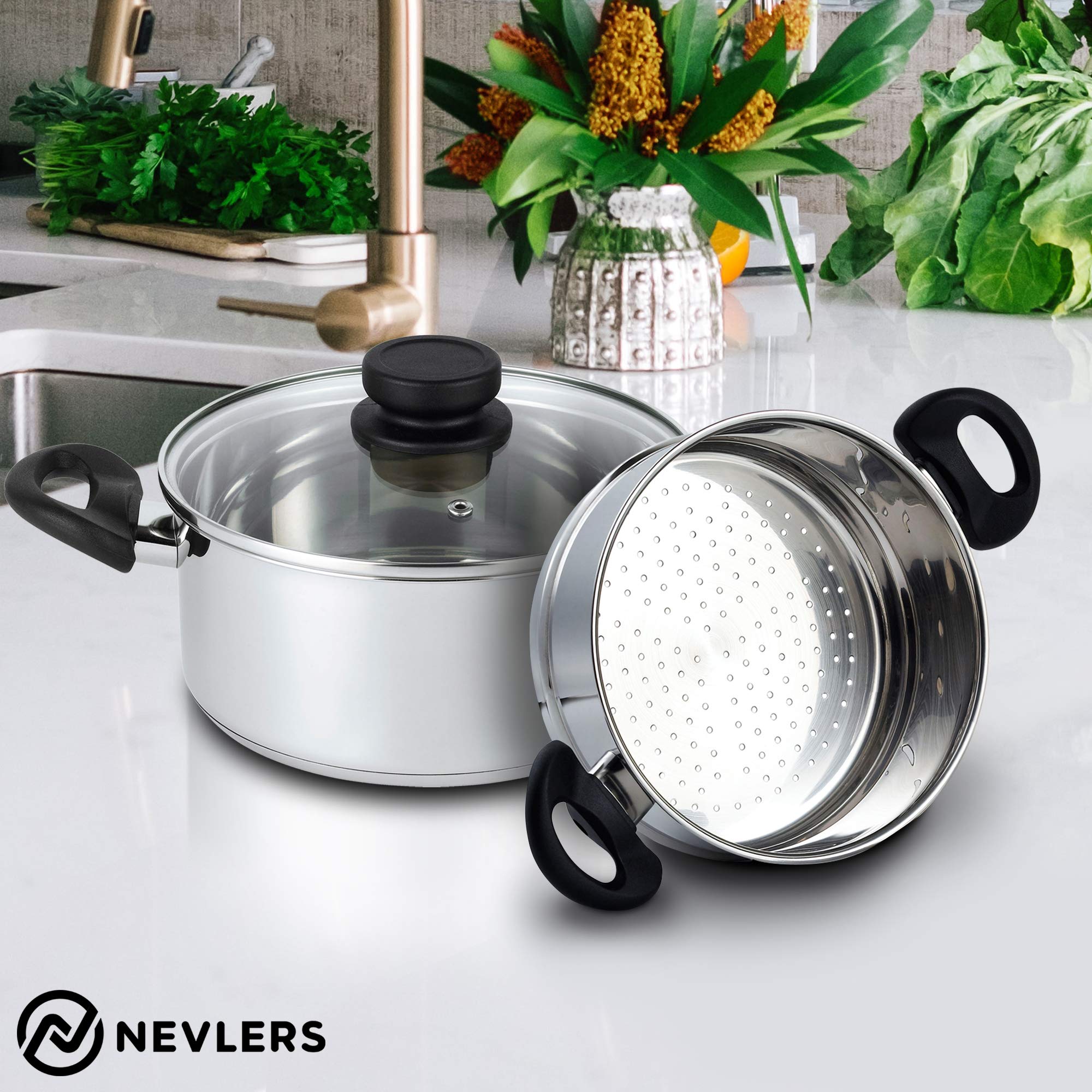 Nevlers Stainless Steel 3 Quart Steamer Pot with 2 Quart Steamer Insert plus Vented Lid - 3 Piece Set - Safe and Durable - Great Addition to Every Kitchen