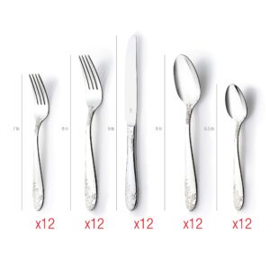 DANIALLI Modern Silverware Set - 18/10 Stainless Steel Flatware Set for Elegant Dining - Dishwasher Safe Cutlery Set (Imperial 60-Piece, Floral)