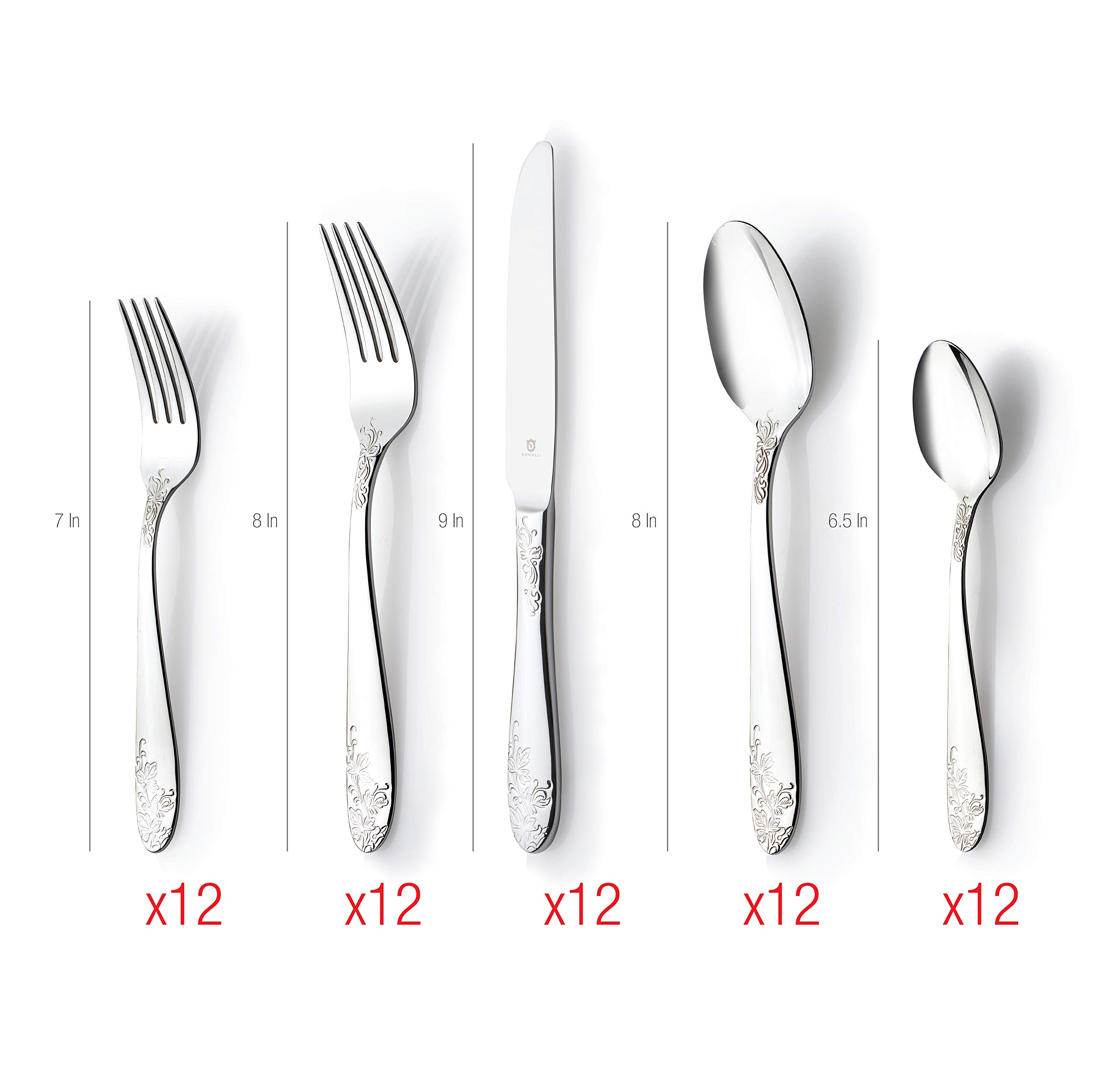 DANIALLI Modern Silverware Set - 18/10 Stainless Steel Flatware Set for Elegant Dining - Dishwasher Safe Cutlery Set (Imperial 60-Piece, Floral)