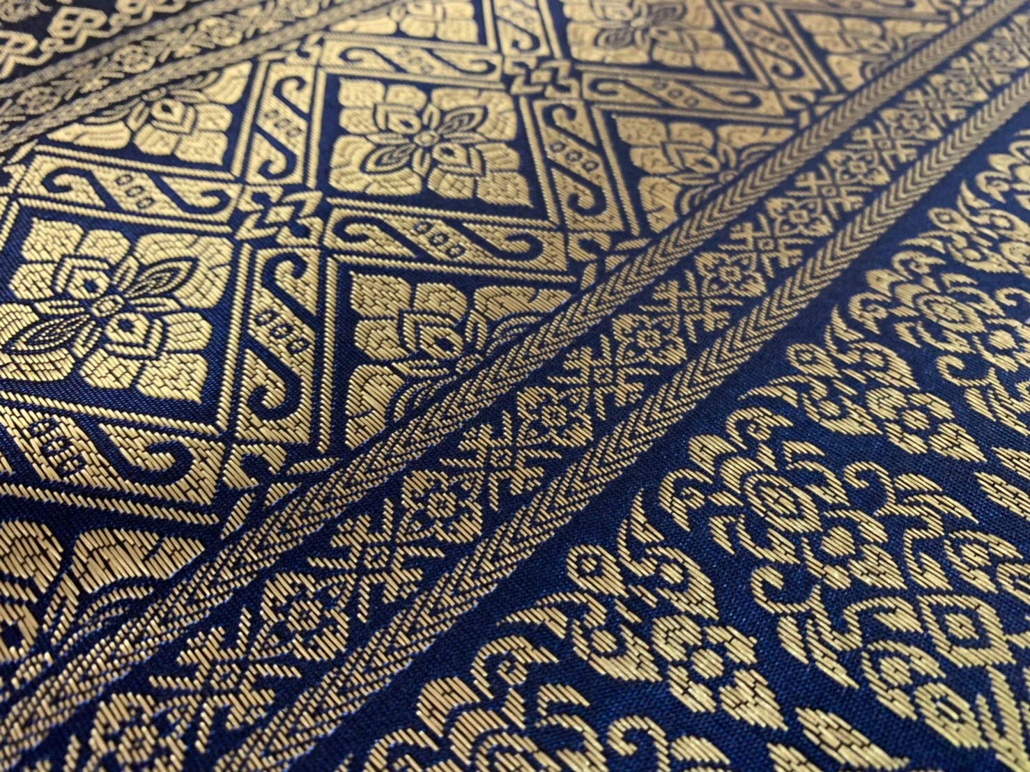 Amornphan 44 Inches Blue and Gold Traditional Thai Silk Damask Fabric for Wedding Dress Skirt by The Yard