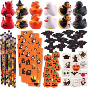 newbea 156 piece halloween party favors toys assortment | 72 halloween glitter tattoos | 48 halloween erasers | 12 halloween ducks | 12 halloween sticker sheets | 12 halloween pencils