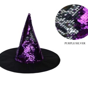 Hooin Halloween Reversible Sequin Witch Hat. Reversible Sequin Costume Party Hat. (Purple & Silver)