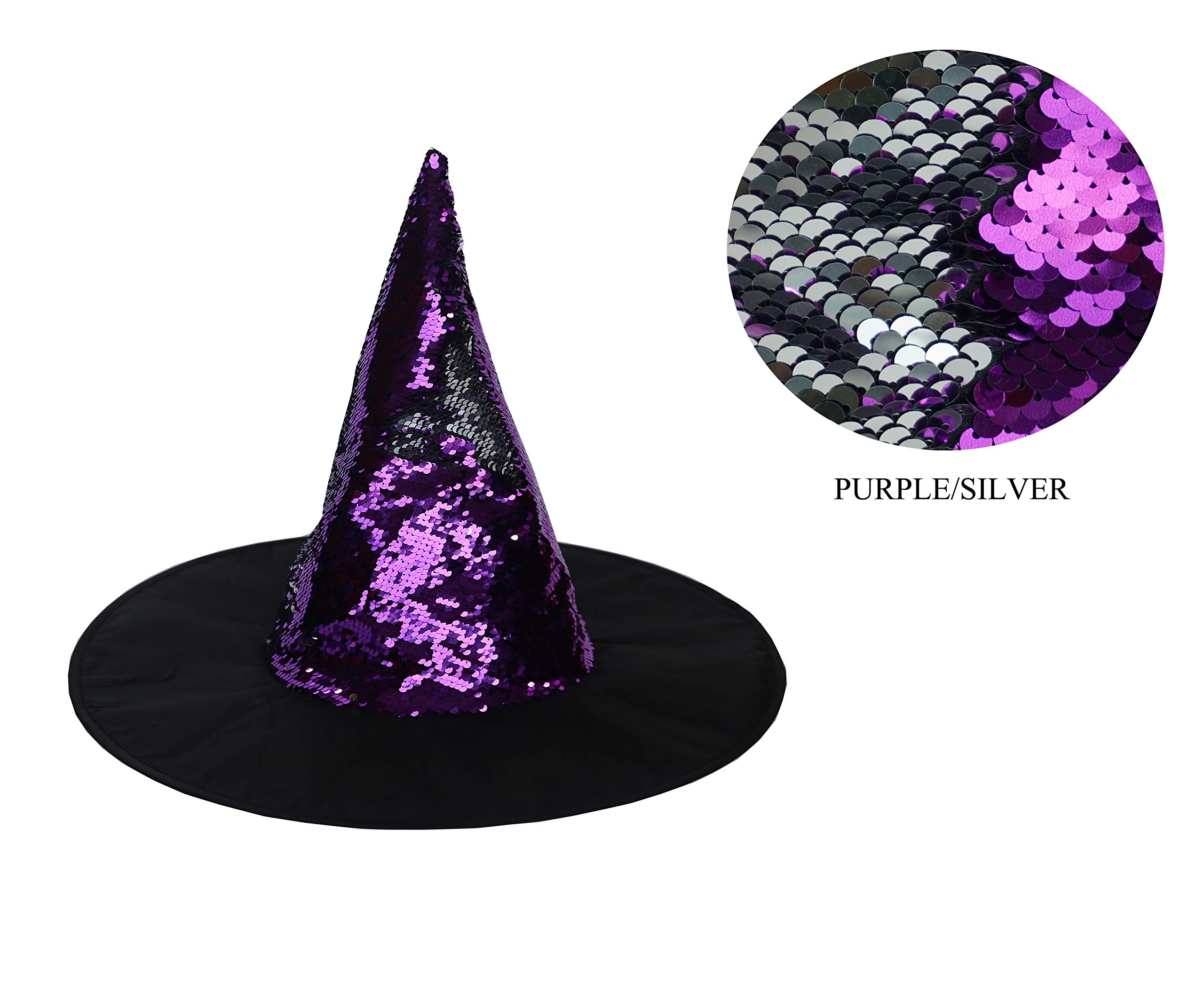 Hooin Halloween Reversible Sequin Witch Hat. Reversible Sequin Costume Party Hat. (Purple & Silver)