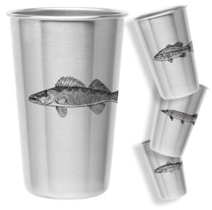 freshwater fish (set of 4) stainless steel pint cups - unique gift for guys - tumblers for home, travel, camping, camper, office, a birthday gift for men - durable glasses or mugs