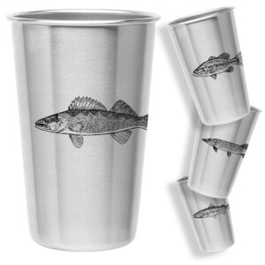 Freshwater Fish (Set of 4) Stainless Steel Pint Cups - Unique Gift for Guys - Tumblers for Home, Travel, Camping, Camper, Office, A Birthday Gift For Men - Durable Glasses or Mugs